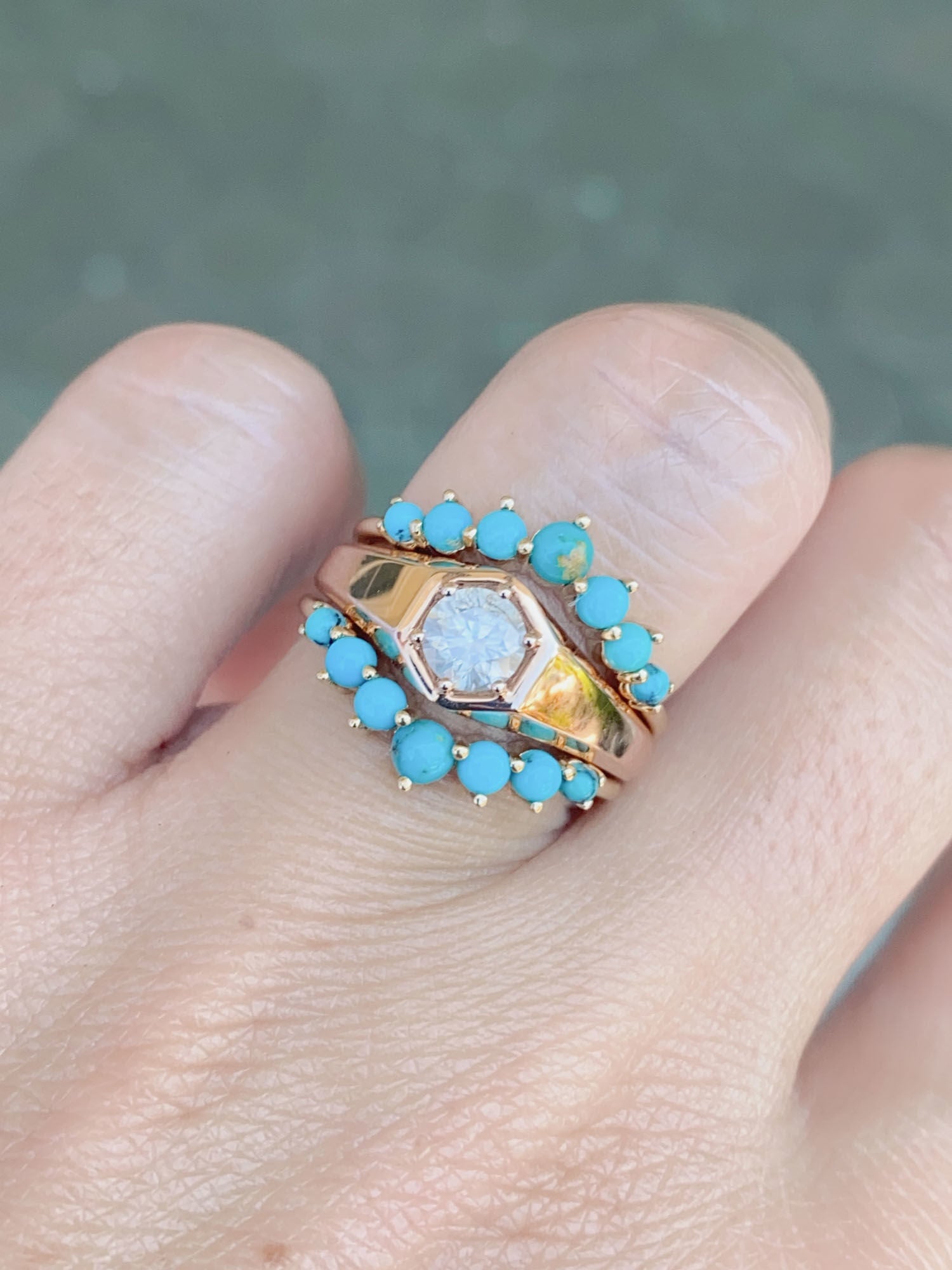 Turquoise Cabochon with Matrix Graduated Size Curve Wedding Band 14K G - Aurora Designer