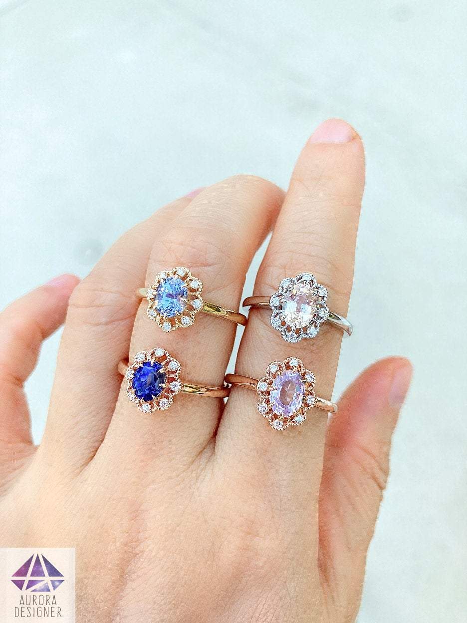 Aurora Designer - 1.33ctw Blue Sapphire Diamond Halo Engagement Ring ...