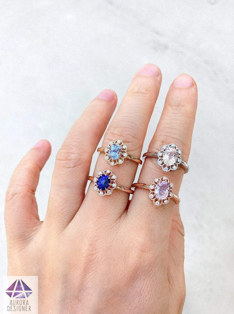 Aurora Designer - 1.33ctw Blue Sapphire Diamond Halo Engagement Ring ...