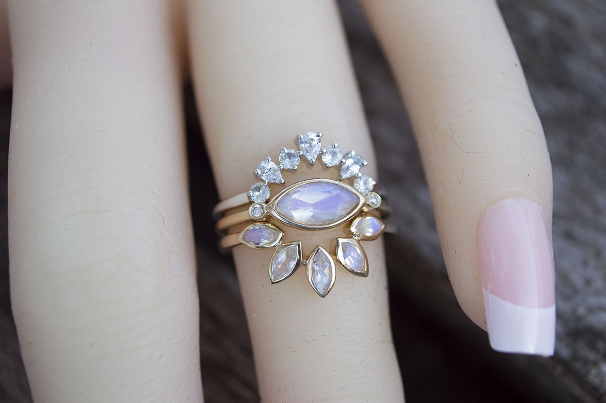Aurora Designer - Marquise Rainbow Moonstone Crown Ring 14K Yellow Gold ...
